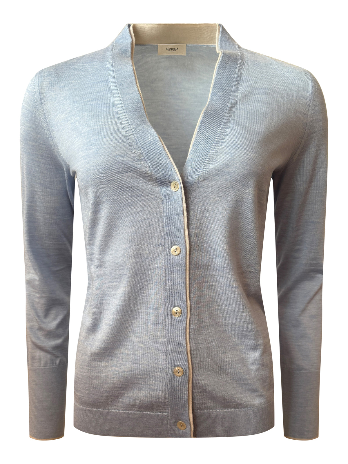 Light Blue Cashmere Silk Cardigan with Cream Trim– aquelboutique